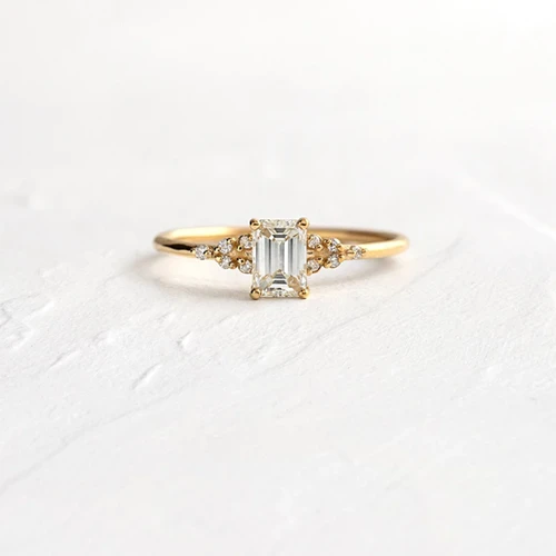 18K Solid Gold Lighthouse Ring, 0.5ct. Emerald Cut Diamond Moissanite ...