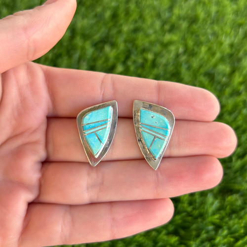Turquoise Mountain Inlay Arrowhead Stud Earrings Handmade Navajo Terry ...