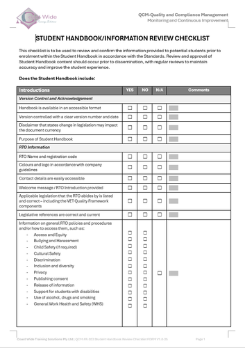 Student Handbook Review Checklist FORM | Coast Wide Training