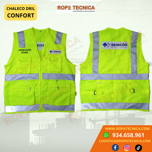 CHALECO DRIL CONFORT (VERDE LIMON) CON CINTAS Y LOGO | Ropa Tecnica