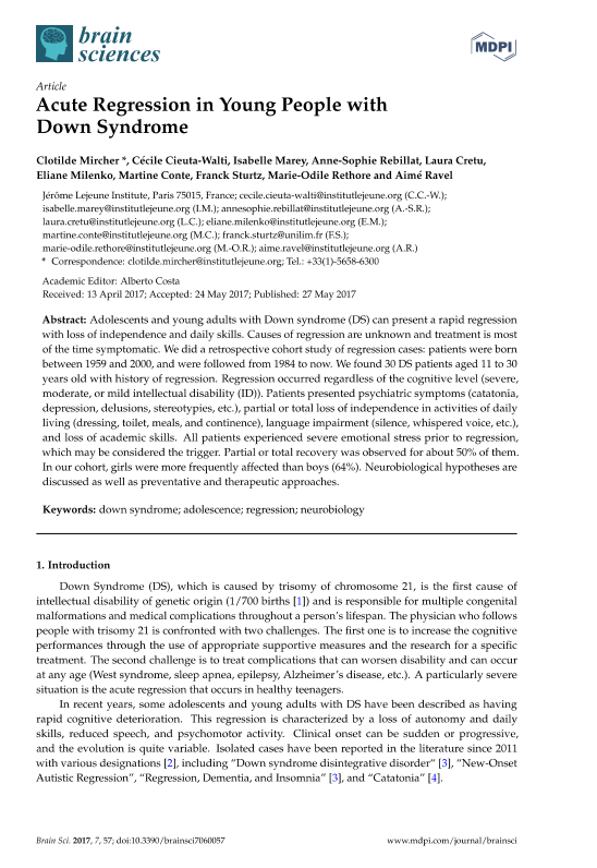 Acute regression in young people with Down syndrome