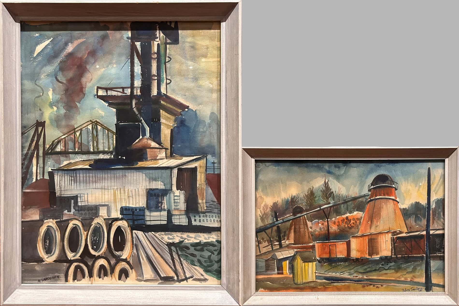 Nelson Sandgren (1917-2006) Two watercolors in Classic Industrial ...
