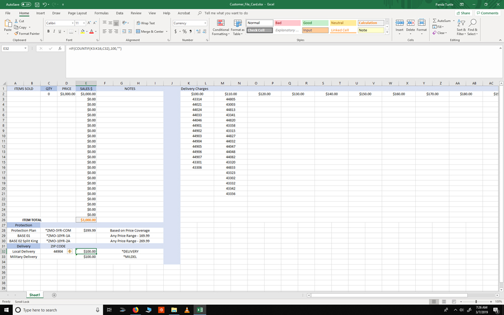 Finding the correct formula for multiple ranges of zip codes to determine shipping cost ...