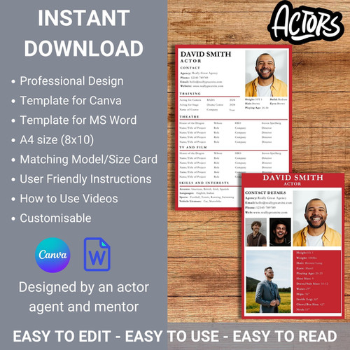 Professional Acting CV and Size Card Templates for Actors