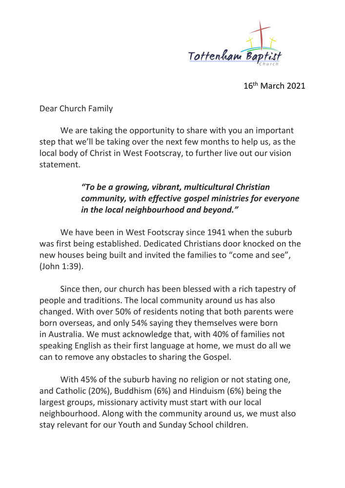 Important Letter to our Church Family