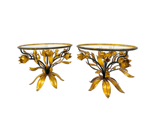 #1584 Pair of Vintage Gilt Metal Flower Side Tables | Again&Again