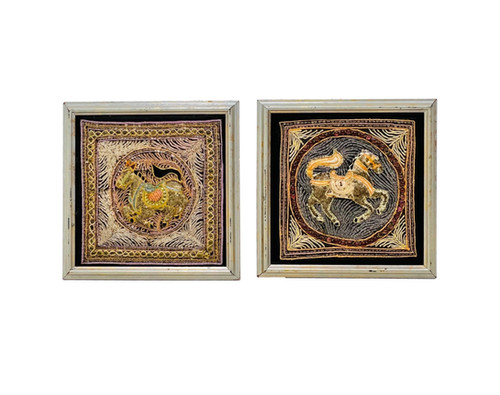 #1522 Pair of Framed Burmese Kalaga Horse Tapestry Panels | Again&Again