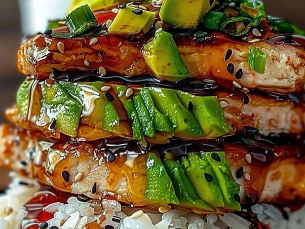 Teriyaki Chicken Avocado Rice Stack