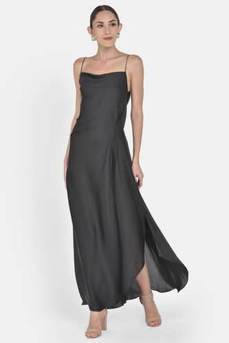 Black Cowl Neck Draped Gown | Naina Seth