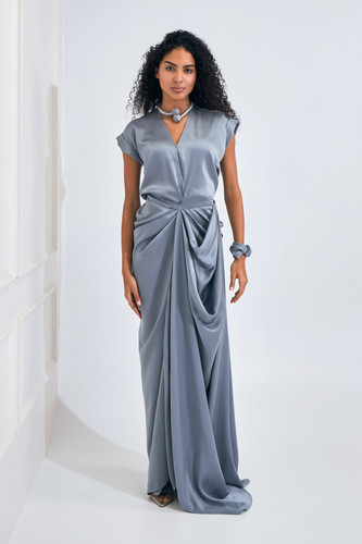 Draped Gown With Detachable Tie Up Cowl Flare | Naina Seth