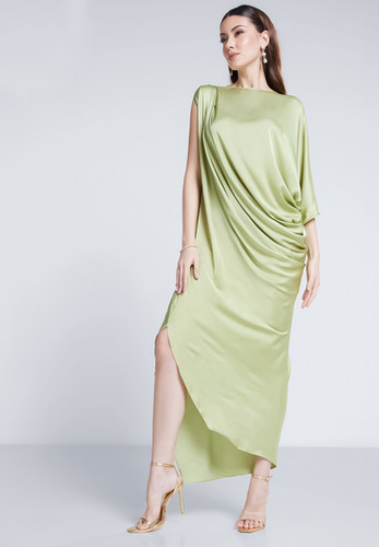 Lime Green Draped Cowl Dress | Naina Seth