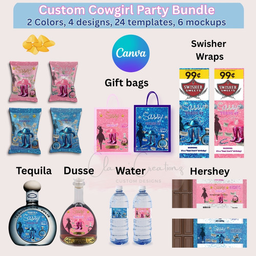 Custom pink and blue western cowgirl bundle | editable in Canva | party ...