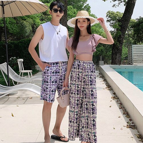 CM2351 Purple Sleeve Bikini With Chiffon pant Couple set | deeeternity