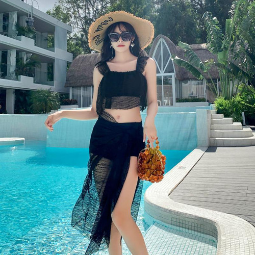 RB19338 Black Lace Box Pant Bikini 3pcs set | deeeternity