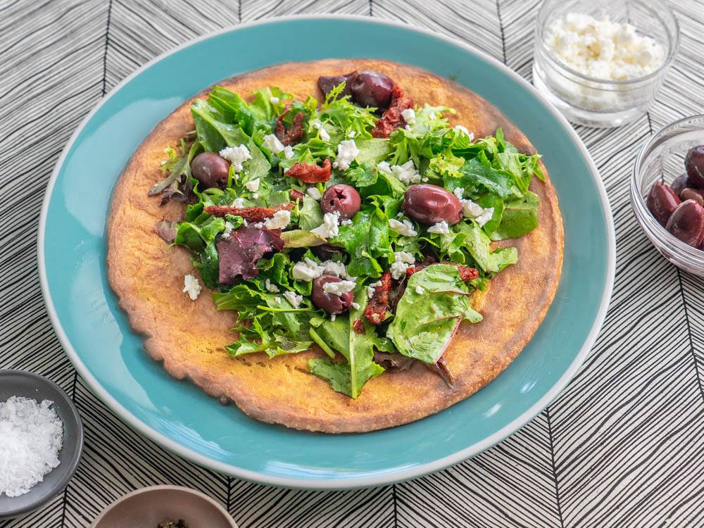 Socca, Garbanzo Bean Flour Pancake with Greens and Feta Cheese