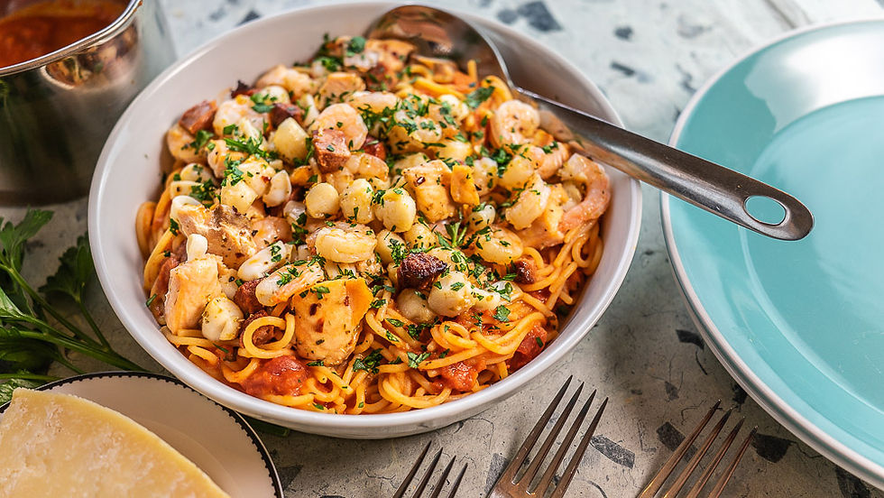 Convection Grilled Seafood Pasta with Shrimp, Salmon, and Linguica Sausage