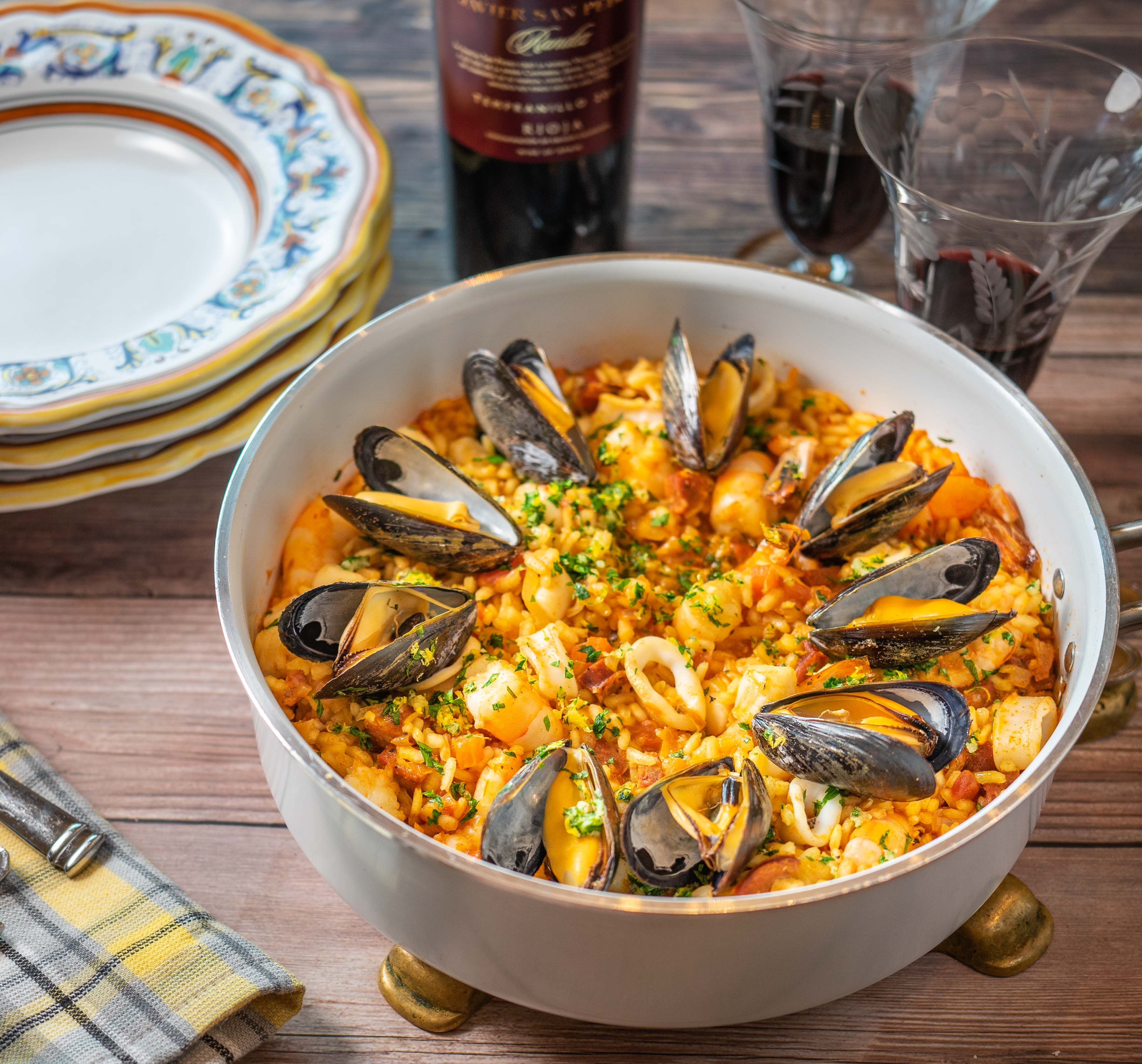 Paella with Steamed Mussels and Shrimp