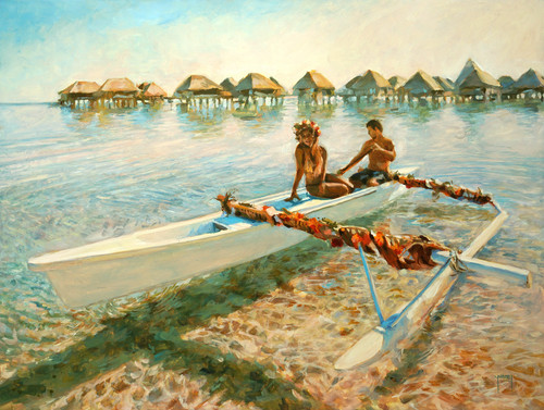 Pirogue fleurie au Hilton Moorea | Tableau a vendre Huile sur toile ...