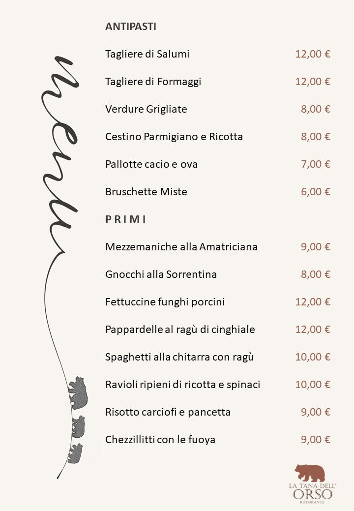Menu Tana Dell'Orso | Le Focette dell'Orso