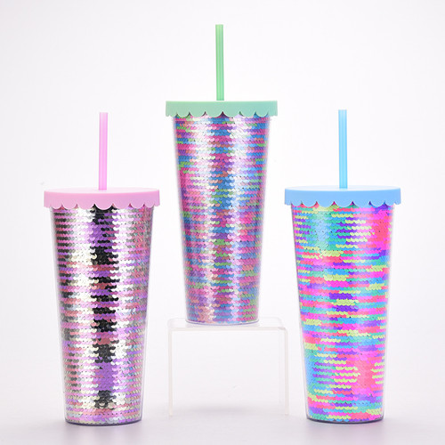 700ml Sequin Glitter Plastic Straw Cup Cold Water Cups for Summer ...