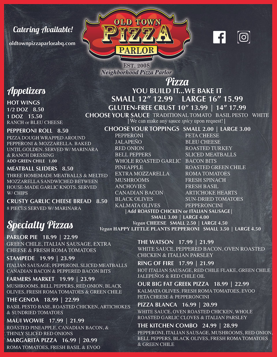 Menu | Old Town Pizza Parlor | Albuquerque