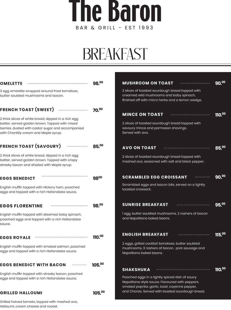 Fourways Menu | The Baron