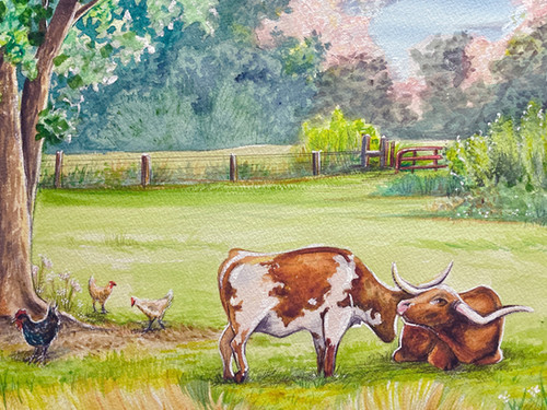 “Longhorns at Lazy Dog Ranch” Giclee Print | Heather Katrinia Art