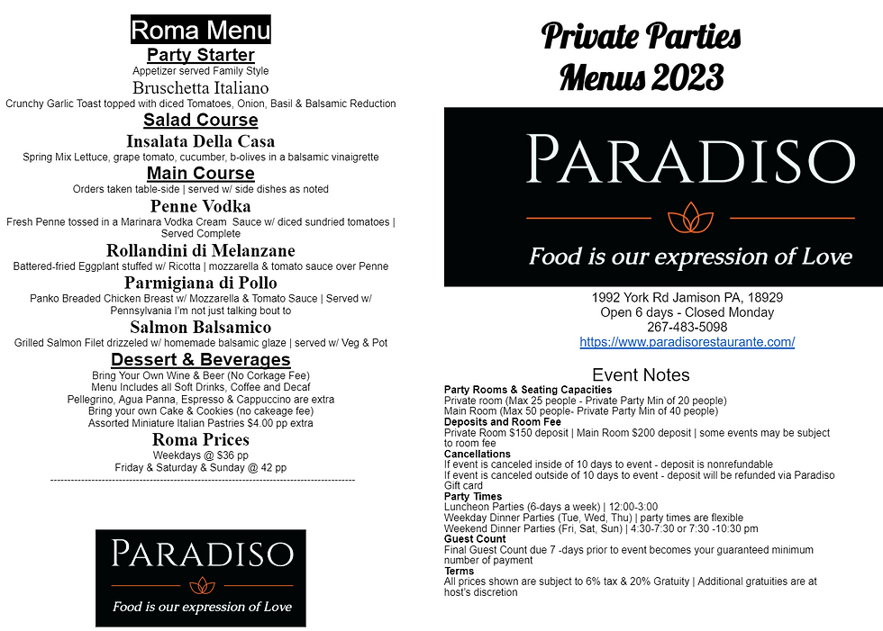 Private Events Menus | Paradiso