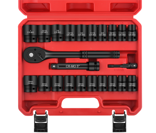 23pc 1/2" Drive Cr-V Metric and SAE Impact Socket Set including Accessories