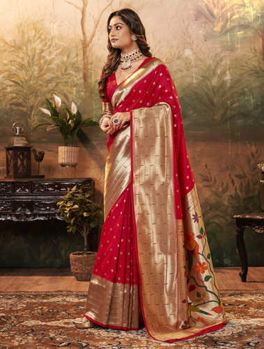 Cornell Red Traditional Paithani Silk Saree With Zari Weaving | Kolour