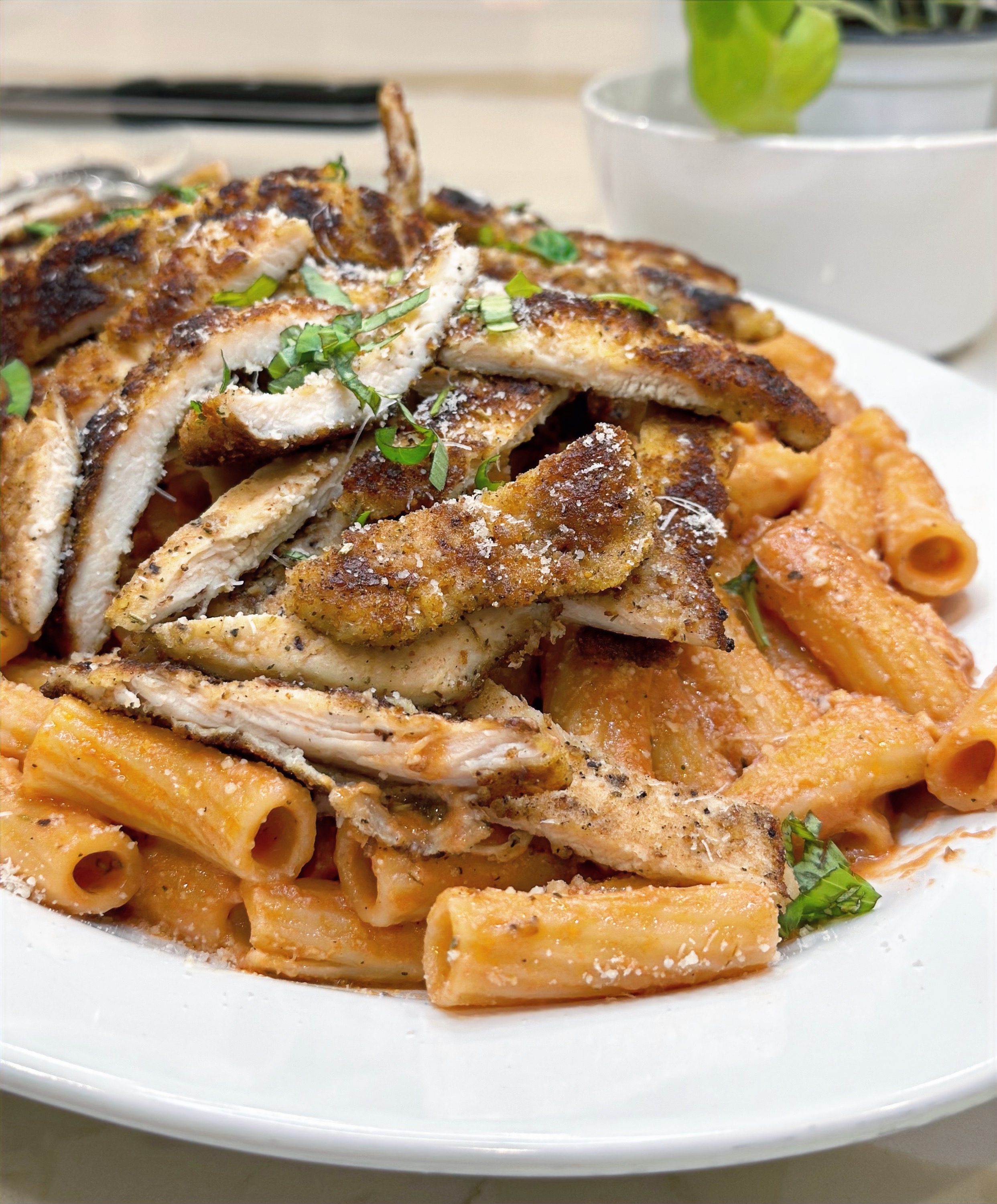 Parm Crusted Chicken & Rigatoni w/ Tomato Mascarpone Cream Sauce