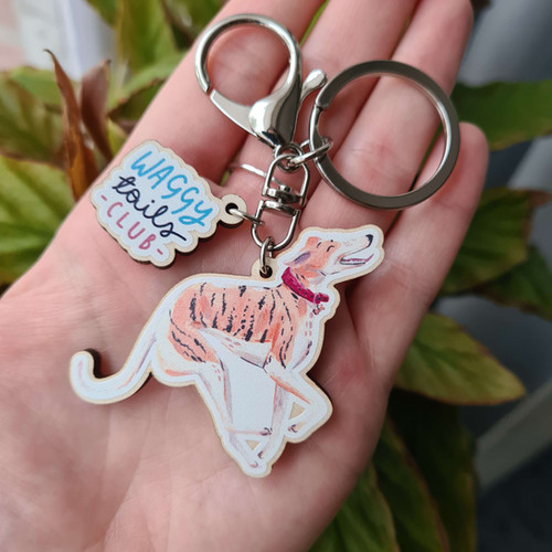 Running White and Brindle Greyhound Wooden Keychain | Pointy Faces