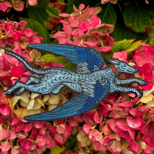 Flying Hound Blue - woven fabric patch | Pointy Faces