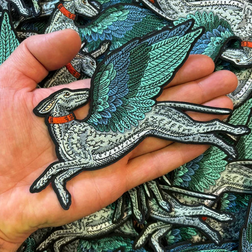 Flying Hound Green - woven fabric patch | Pointy Faces