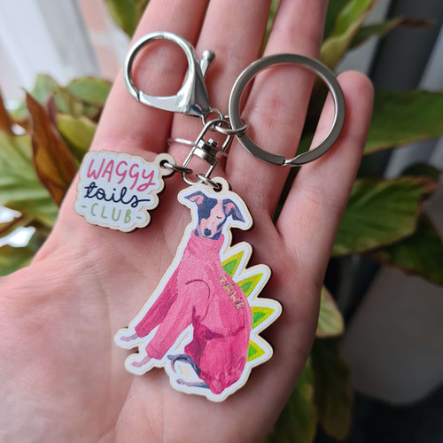 Whippet in Pyjamas Wooden Keychain | Pointy Faces