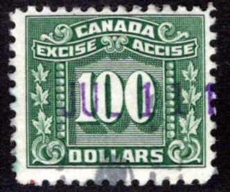 van Dam FX94, $100 green, used, Federal Excise Tax Canada Revenue ...