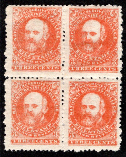 Musgrove's National Business College Bill Stamp, 3c, block of 4, MNHOG ...