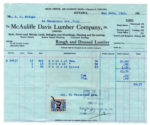 van Dam FX36, 2c, Two Leaf, on Receipt from Lumber Company, Canada ...