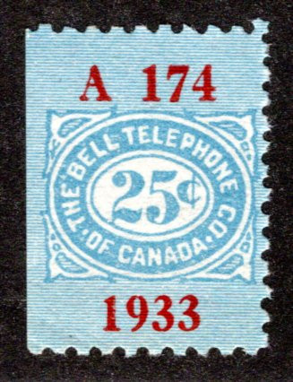 van Dam TBT100, 1933, 25c blue, Uncancelled, Bell Canada Telephone ...