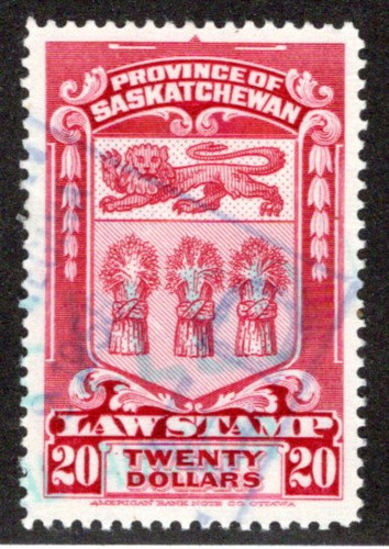 van Dam SL56, Used, $20, 1938 Saskatchewan Law, Canada Revenue Stamp ...