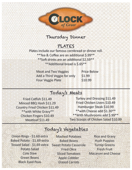 Clock of Greer - Meat and Three Menu