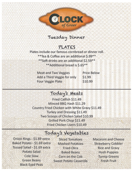 Clock of Greer - Meat and Three Menu