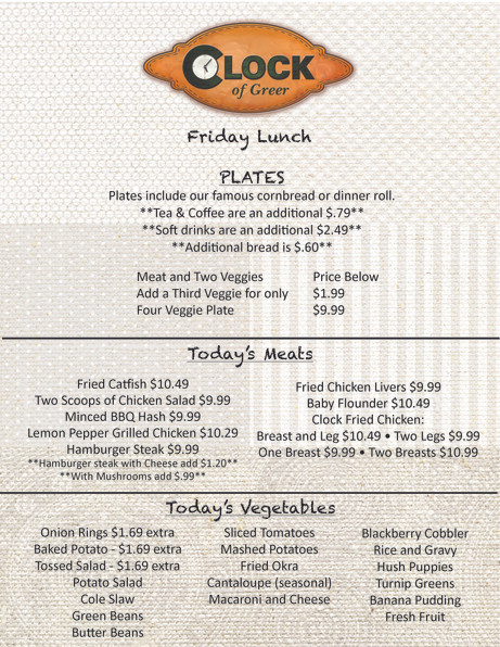 Clock of Greer - Meat and Three Menu