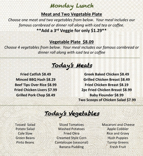 Clock of Greer - Meat and Three Menu