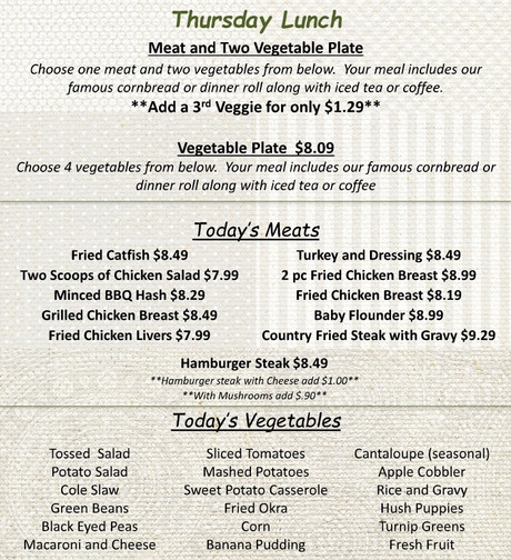 Clock of Greer - Meat and Three Menu