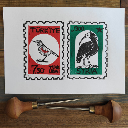Redwing & Bald Ibis - Lino Print | Art with Tricia