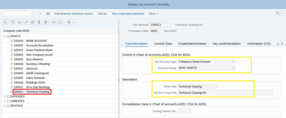 Technical clearing account is not maintained for chart of accounts ADD1 ...