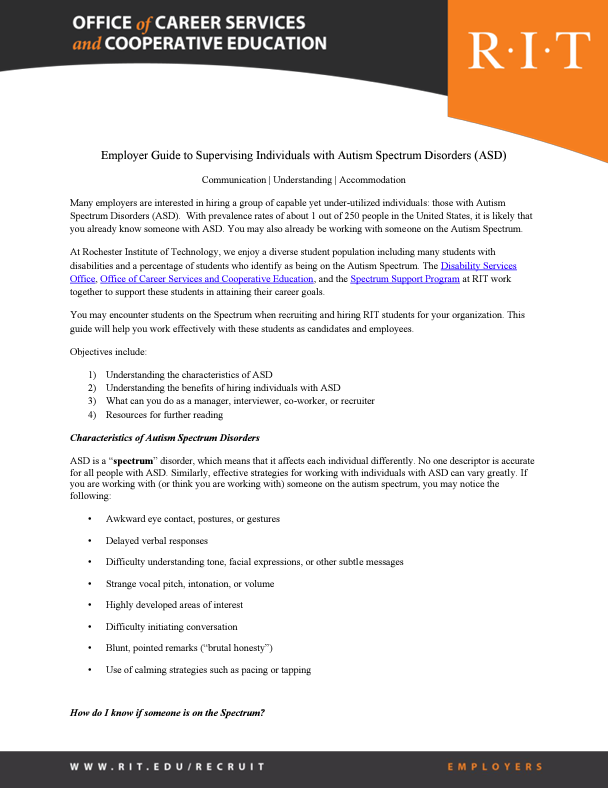 Employer Guide to supervising Individuals on the Autism Spectrum