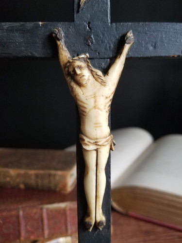 French antique Jansenist altar crucifix made of carved animal bone and ...