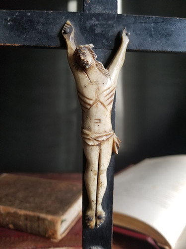 French antique Jansenist altar crucifix made of carved animal bone and ...
